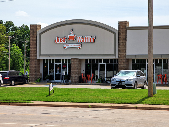 Rain or shine, Just Wafflin's welcoming entrance beckons breakfast lovers to step into waffle wonderland.