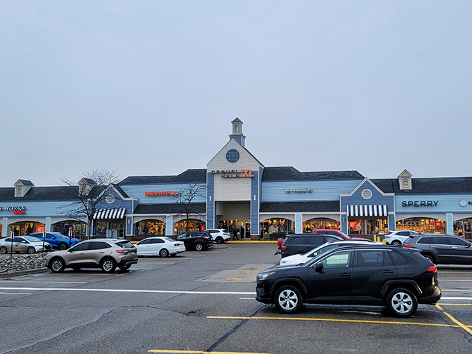 Twilight shopping at its finest. These blue-trimmed storefronts house treasures waiting to be discovered by savvy Michigan bargain hunters.