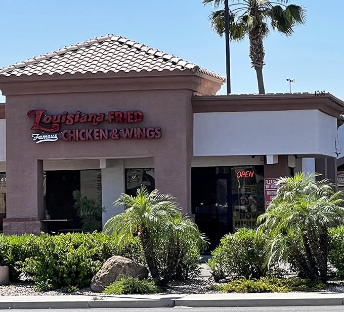 Palm trees and pink stucco create the perfect backdrop for chicken with serious Cajun attitude.