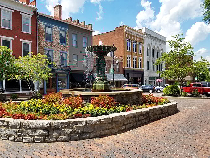 The town square fountain creates a peaceful centerpiece where locals and visitors alike can pause and reflect.