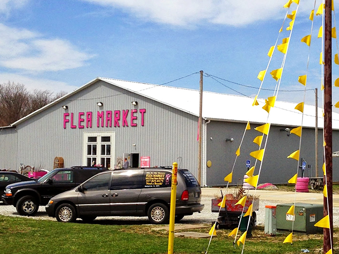 Bright flags flutter like carnival banners, announcing that adventure and bargains await inside these doors.
