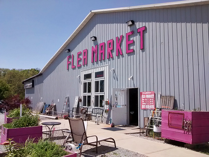 Summer blooms frame the entrance to this Shelbyville gem, where the metal building houses softer treasures inside.