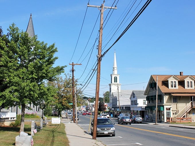 Blue skies and a white church steeple set the tone for Monson&rsquo;s laid-back downtown, where everyday life unfolds at an easy New England pace.