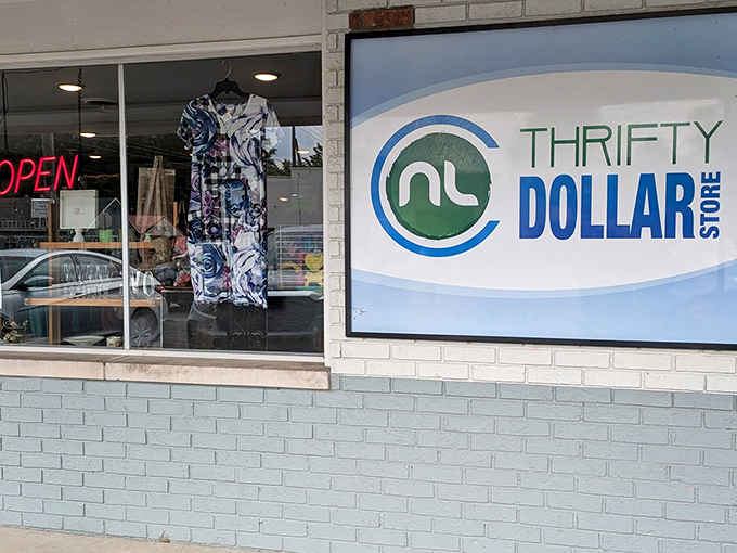 The Thrifty Dollar Store sign promises what we're all searching for&mdash;guilt-free shopping that doesn't empty the retirement fund. That wicker chair looks ready for stories.