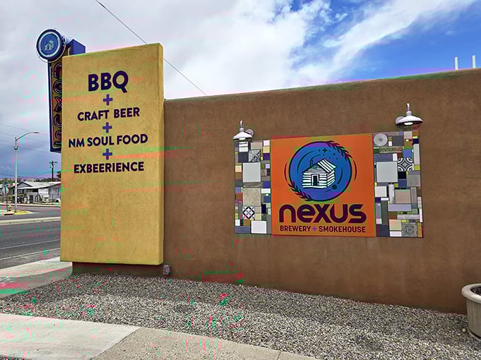 "BBQ + Craft Beer + NM Soul Food + Exbeerience." Nexus Blue's sign reads like a mathematical formula for the perfect meal.