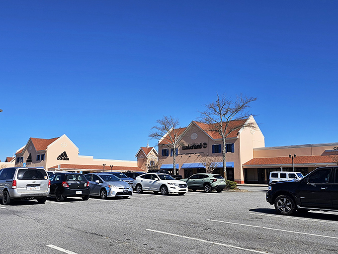 Crisp blue skies frame this shopper's paradise where your credit card can take a vacation while your closet gets an upgrade.