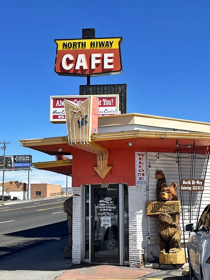 When the neon sign still works and the bear stands guard, you've found authentic diner magic. 