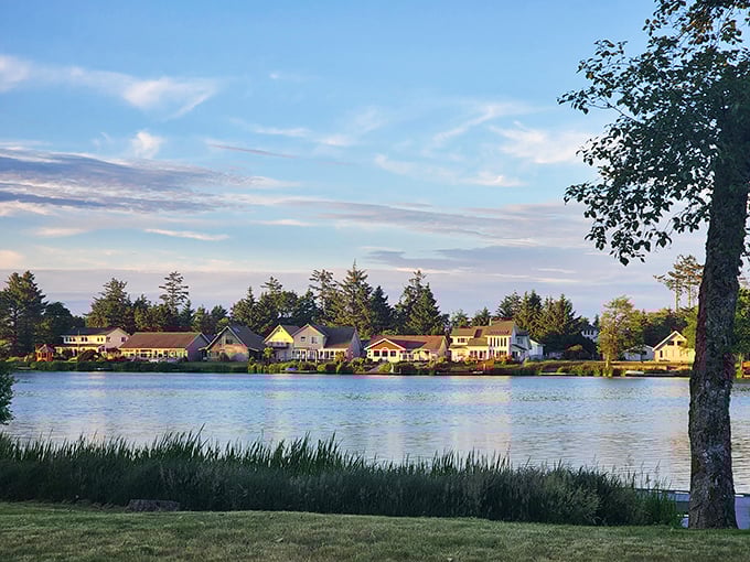 Morning light dances across Ocean Shores' lakeside homes like nature's own reality show&mdash;"Lakefront Bargain Hunt: Retirement Edition" with a Pacific Northwest twist!