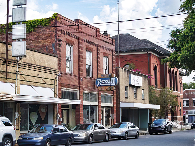 That vintage Rexall Drugs sign in Opelousas whispers of an era when pharmacists knew your name and your Social Security check went further.