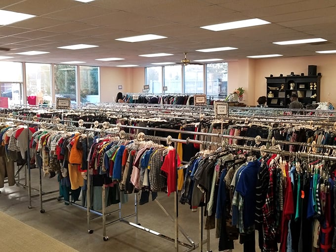 Inside Palmetto Thrift, racks upon racks of clothing create a colorful landscape of fashion possibilities at incredible prices.