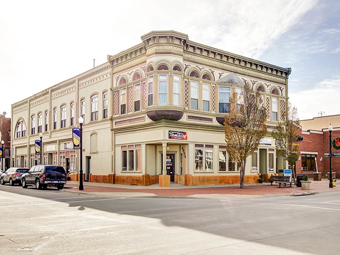 A pristine corner building in Parsons shows off ornate Victorian details that craftsmen once carved by hand.