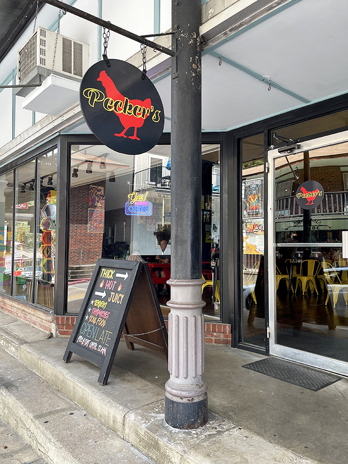 That hanging sign says it all &ndash; follow the red rooster to find Eureka Springs' crispy chicken treasure.