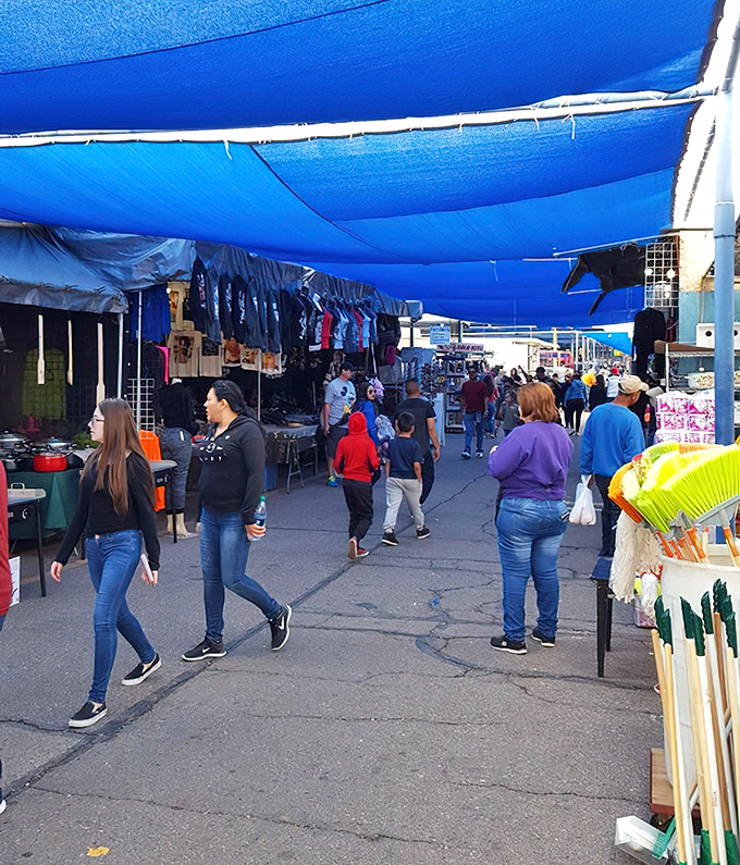 The blue canopy creates a cool avenue of discovery at Phoenix Park 'n Swap, where families hunt for weekend treasures.