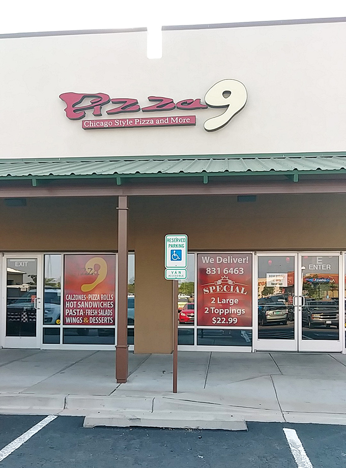 Chicago meets New Mexico at Pizza 9. Their bright, welcoming fa&ccedil;ade is like a lighthouse guiding hungry souls to deep-dish delights.