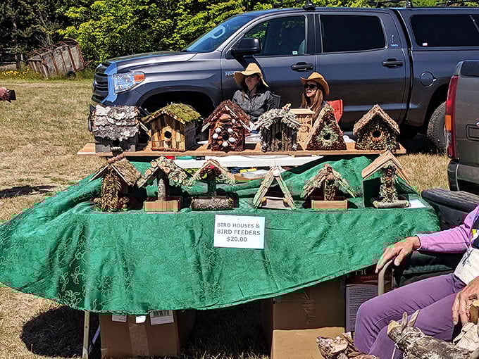 Handcrafted birdhouses line up like tiny architectural marvels waiting to welcome feathered friends home.
