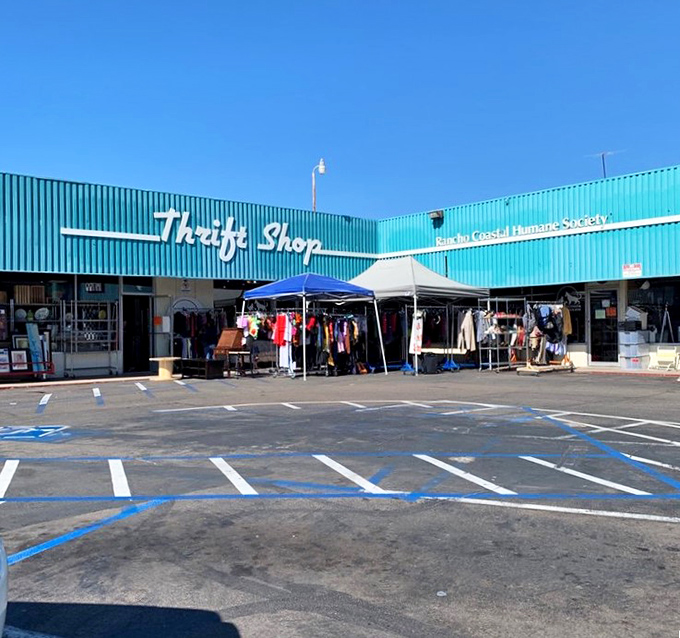 Outdoor racks under the California sun&mdash;where beach town castoffs become someone else's coastal treasures.