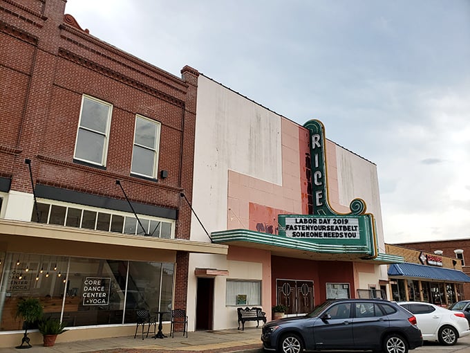 The Rice Theatre's vintage marquee stands as Rayne's cultural centerpiece &ndash; entertainment that won't make your Social Security check croak.