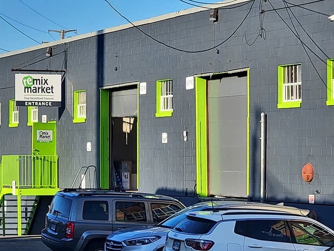 That bold green entrance practically screams "adventure awaits" to anyone brave enough to climb those stairs and explore what lies within.