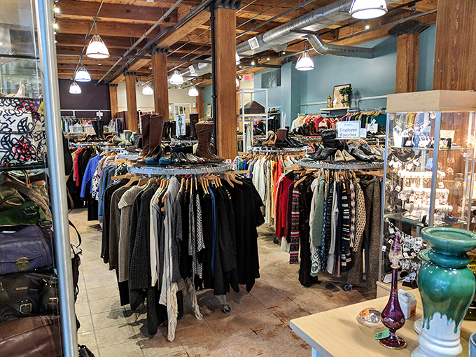 Exposed beams and thoughtful displays transform thrifting into a boutique experience without the boutique prices.