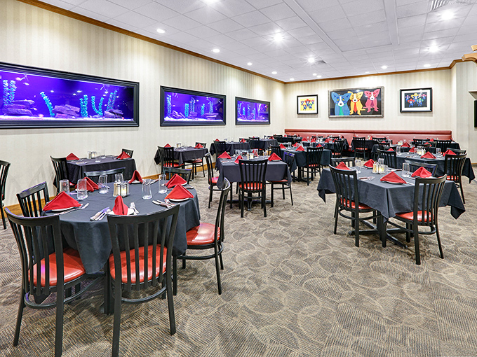The dining room where special occasions become more special. Those fish tanks aren't just decor &ndash; they're appetizer previews.