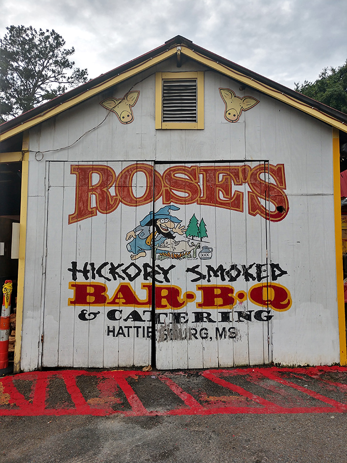 That weathered exterior and colorful signage whisper promises of hickory-smoked perfection waiting inside.