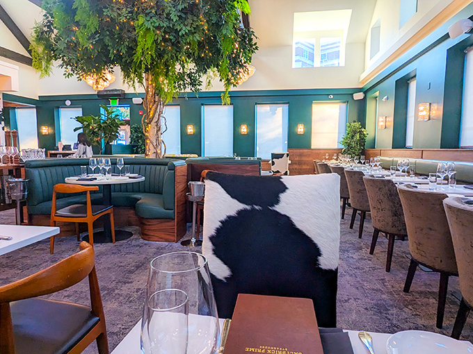 The cowhide chairs and elegant atmosphere create the perfect setting for serious steak conversations.