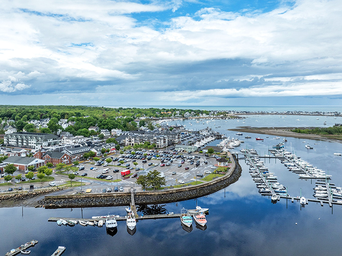 Coastal homes perch above the harbor like they're watching over their floating neighbors below.
