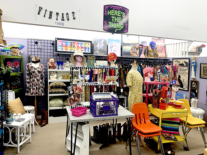 "Here's The Thing" indeed! Colorful school chairs and vintage mannequins create a rainbow of nostalgia at South County Antique Mall.