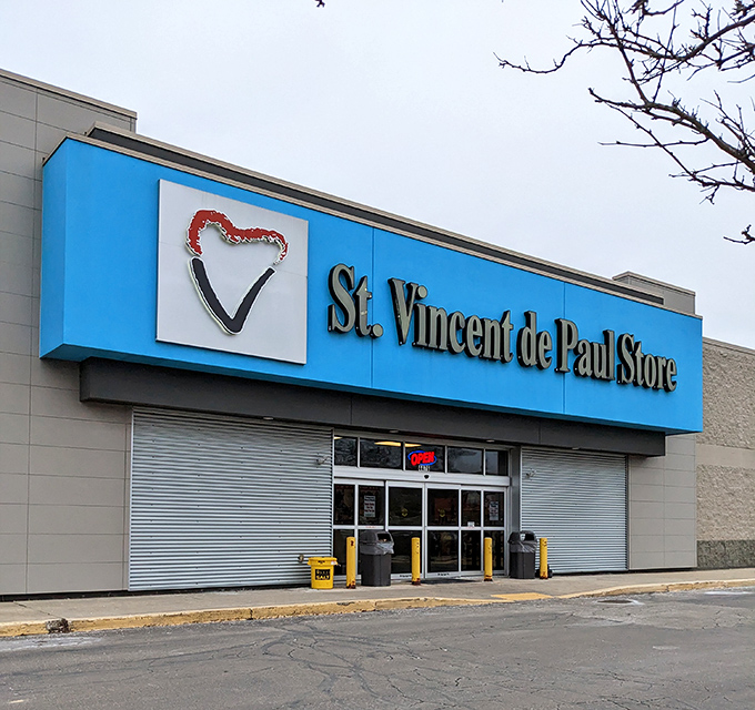 The clean lines and welcoming entrance of St. Vincent's store promise an organized treasure hunt inside.