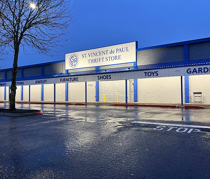 Even in the rain, St. Vincent's bright blue trim stands out like a beacon for bargain hunters braving the weather.