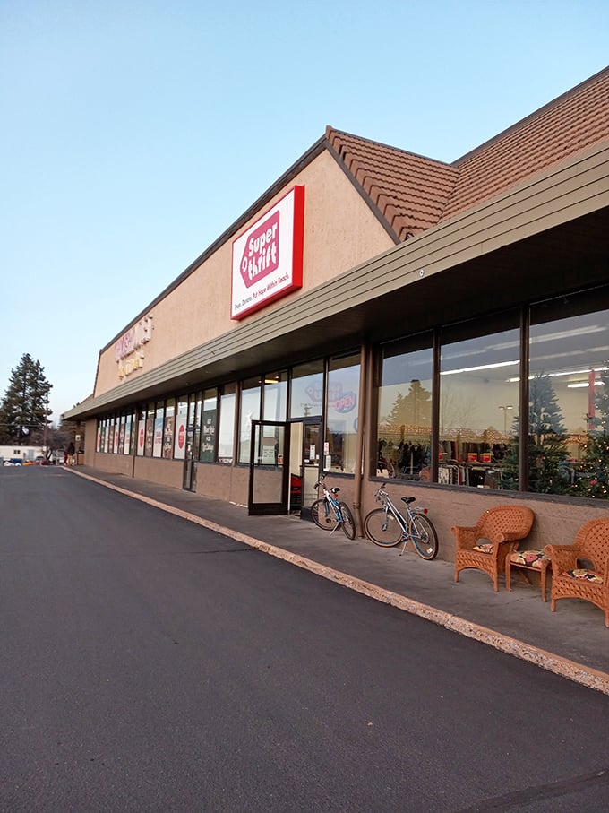 The evening sun casts a golden glow on Bend's SuperThrift, turning a simple shopping trip into something almost magical.