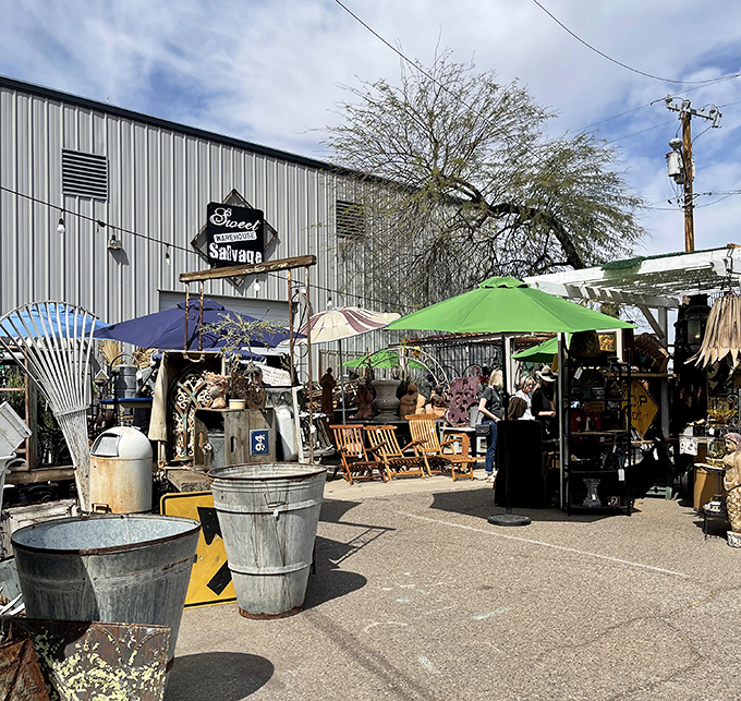 The outdoor displays spill onto the sidewalk like a vintage yard sale that grew up and got really, really good.