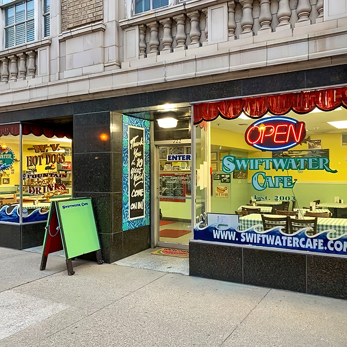 The neon "OPEN" sign is the green light to breakfast heaven. Swiftwater's inviting entrance promises morning meals worth getting out of bed for.