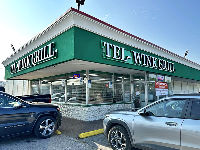 The classic storefront of Tel-Wink Grill promises the kind of breakfast that makes you want to high-five the cook on your way out.