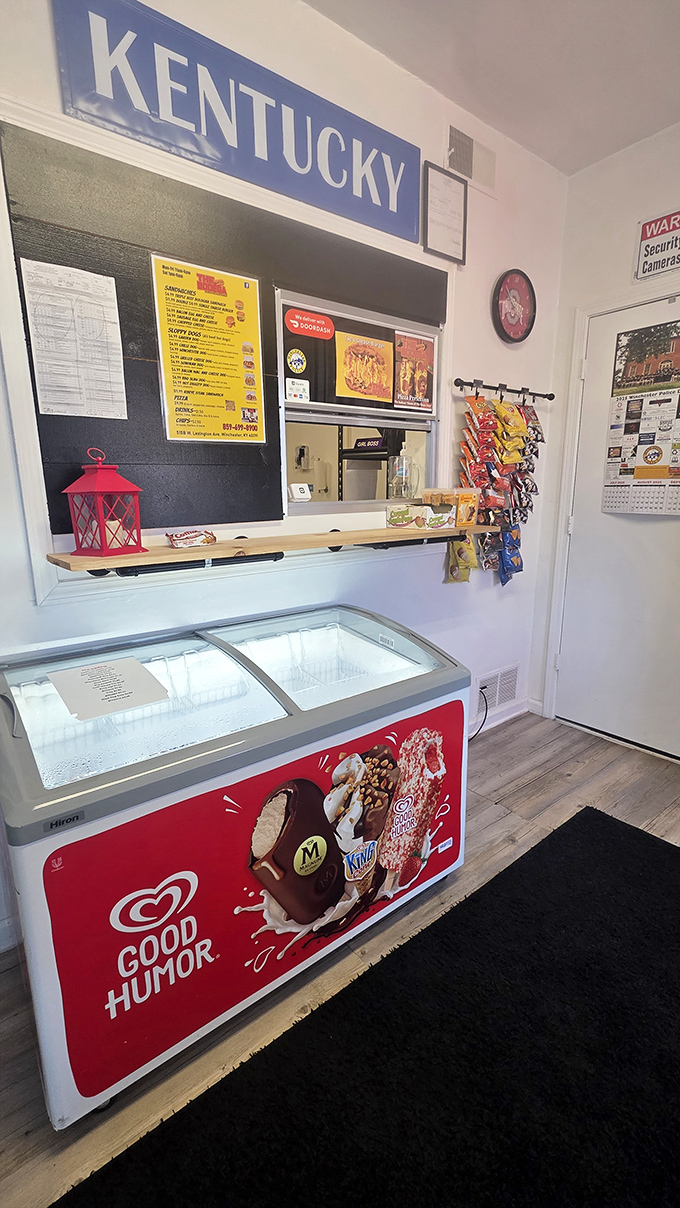 That Kentucky sign and ice cream freezer combo says "small town pride" in the best way.