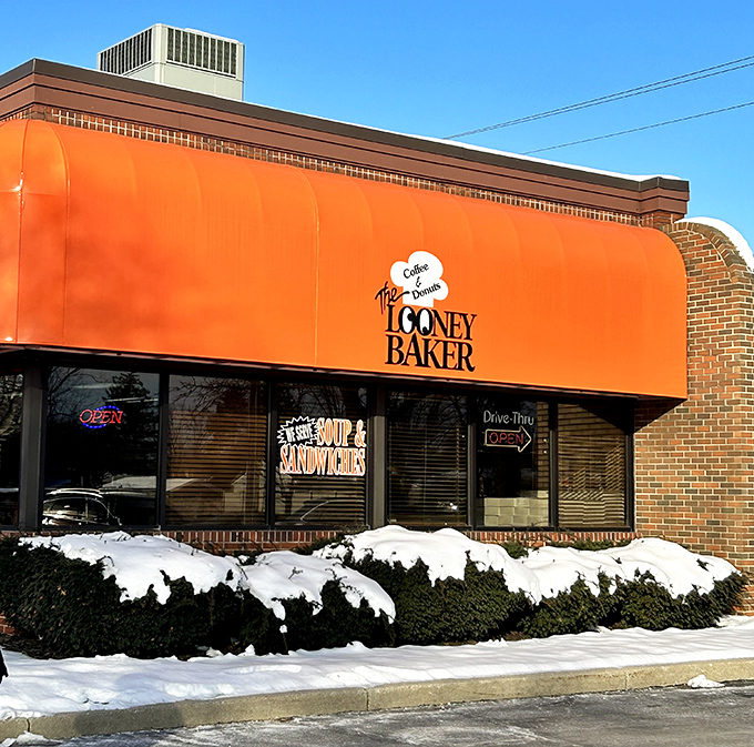 Winter can't stop donut lovers &ndash; The Looney Baker's warm glow promises comfort against Michigan's snowy embrace.