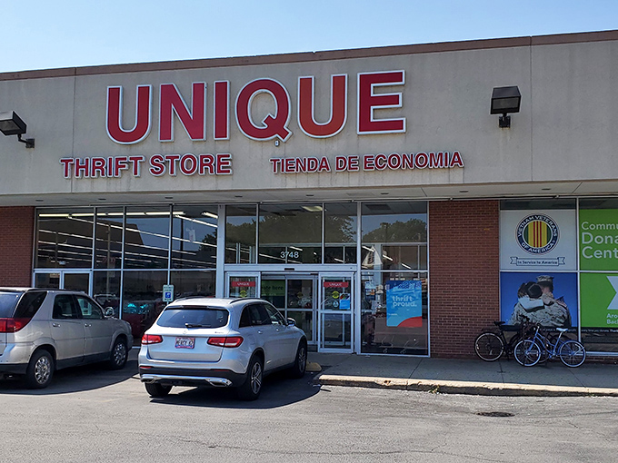Morning light illuminates the entrance to this thrifter's paradise where twenty bucks can fill your trunk with treasures.