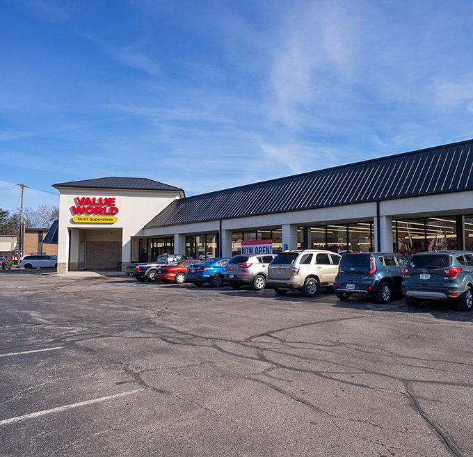 Parking lot packed with possibility! Each car represents someone hunting for that one-of-a-kind find only Value World can deliver.