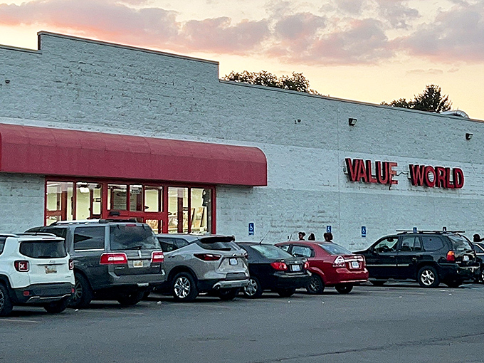 Golden hour lighting makes even thrift store parking lots look magical, especially when they're this well-stocked with shoppers.
