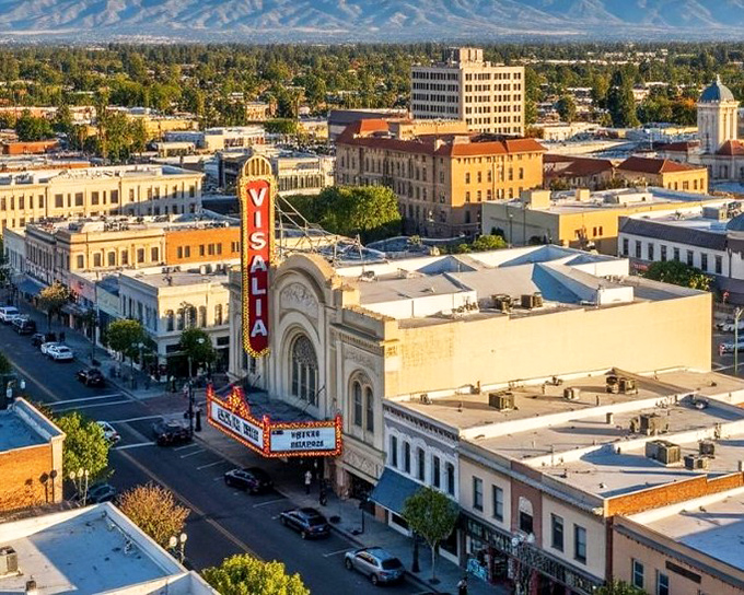 Downtown Visalia shines with its historic Fox Theatre and vibrant streets framed by the Sierra Nevada foothills.