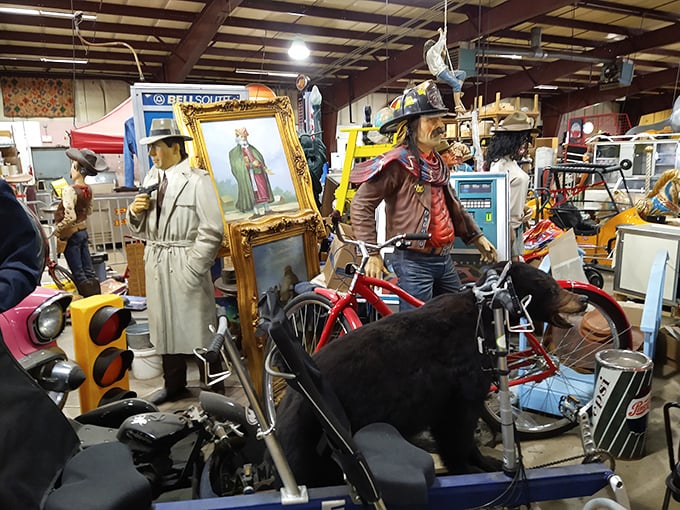 Life-sized figures and vintage treasures create a surreal shopping landscape at White Horse&mdash;is that Humphrey Bogart watching you shop?