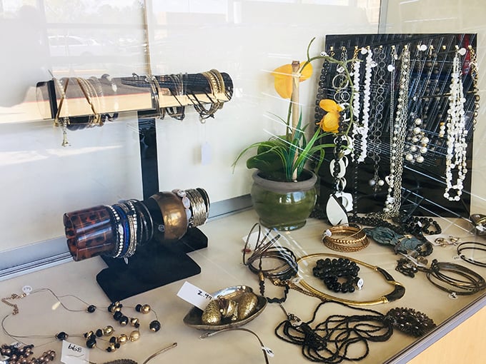 Jewelry display that sparkles with possibility. One person's forgotten accessories become another's conversation-starting treasures at prices that won't require a second mortgage..
