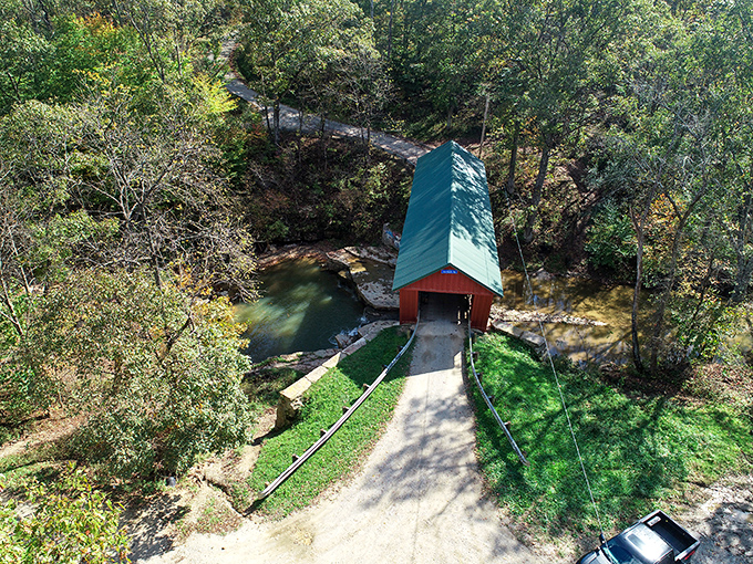 Bird's eye brilliance: from above, the bridge looks like a crimson brushstroke painted across Ohio's lush green canvas.
