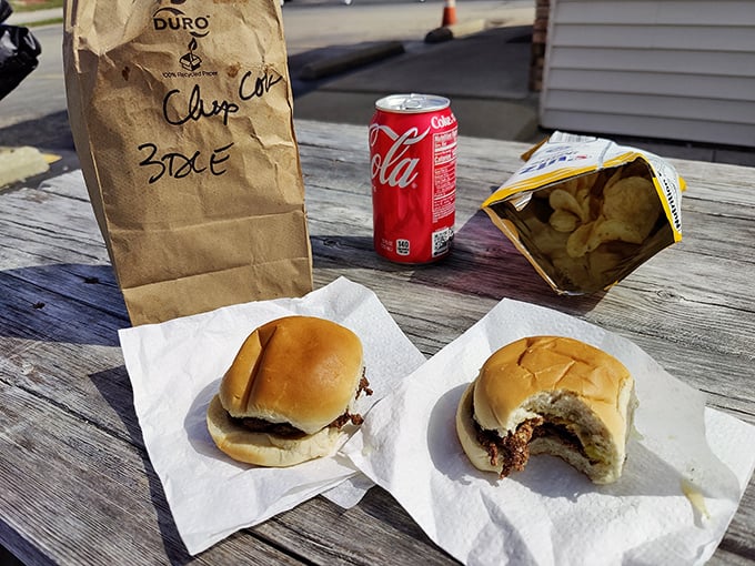 The ultimate picnic spread: paper-wrapped sliders, chips, and an ice-cold Coca-Cola&mdash;proof that happiness doesn't need fancy packaging.