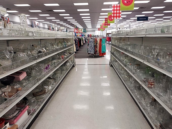 Crystal kingdom! This glassware aisle holds enough vessels to serve drinks at a royal wedding or just make your Tuesday night wine feel fancy.