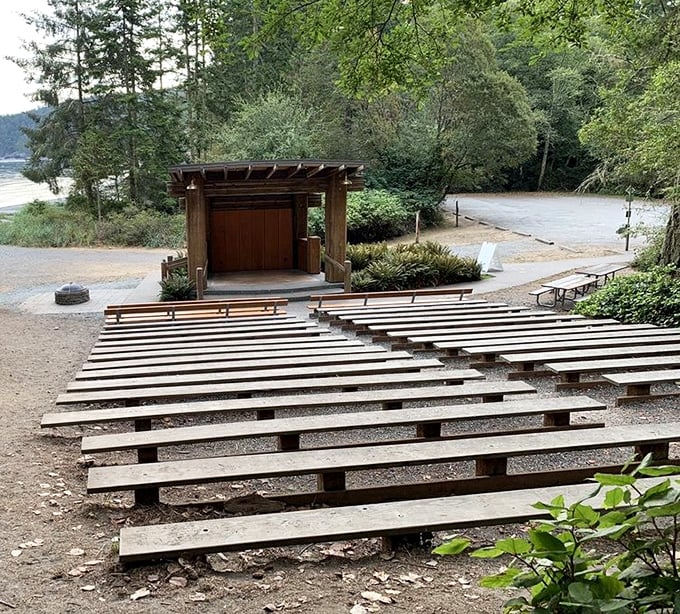 The park's amphitheater sits empty, waiting for its next performance. Nature provides the best backdrop for ranger talks.
