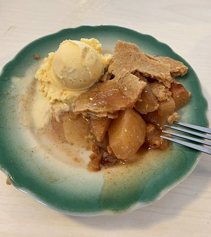 Apple pie that would make your grandmother both proud and jealous, served warm with a scoop of vanilla ice cream melting into those perfectly spiced apples.