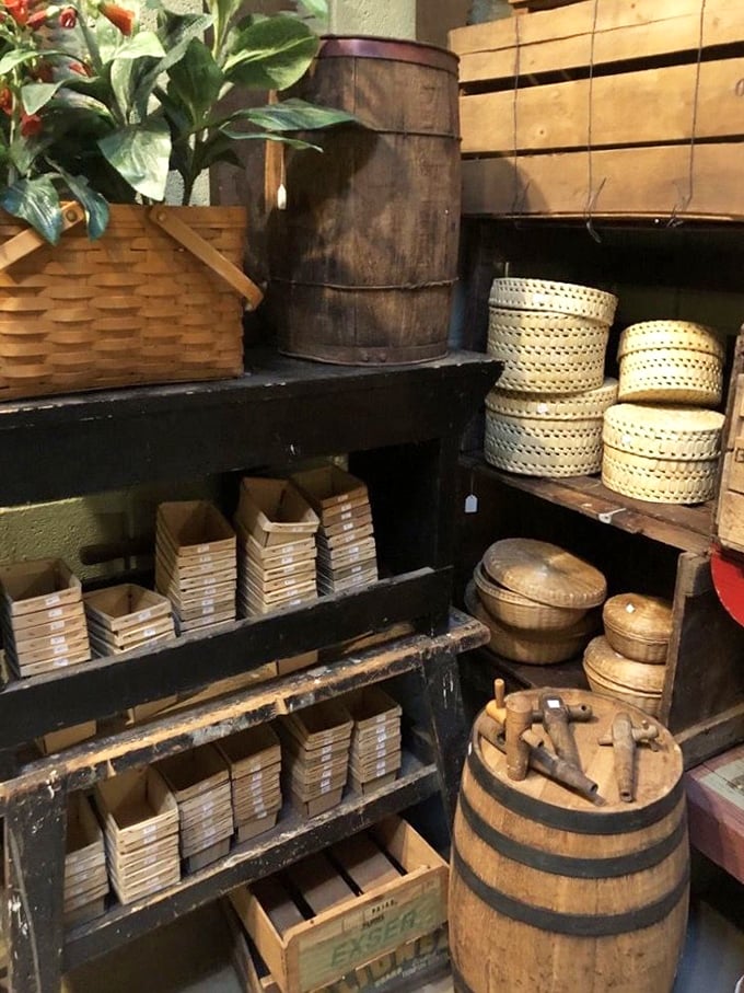 Wooden barrels, handcrafted baskets, and artisanal tools tell stories of craftsmanship from an era when things were built to outlast their makers.