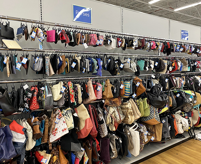 Handbag heaven! Where yesterday's splurges become today's steals, hanging like fashionable fruit ripe for picking.