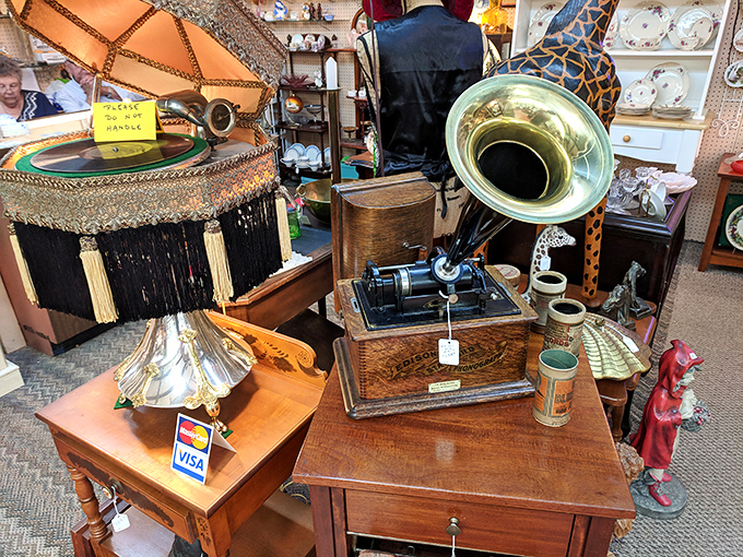 That vintage Edison phonograph isn't just playing music&mdash;it's spinning stories from another era, surrounded by lamps that lit those memories.